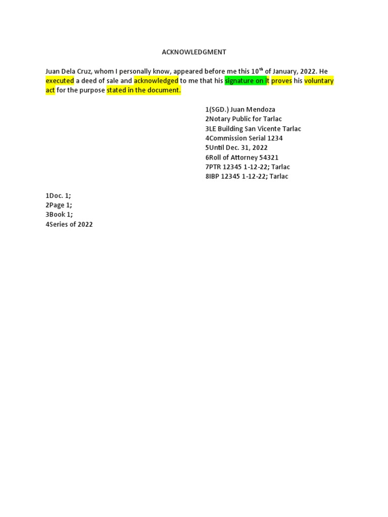 Acknowledgment | PDF | Affidavit | Notary Public