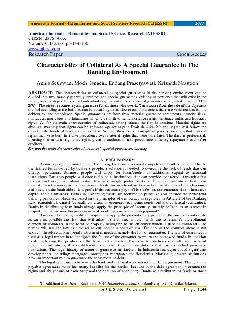 Characteristics of Collateral As A Special Guarantee in The Banking ...