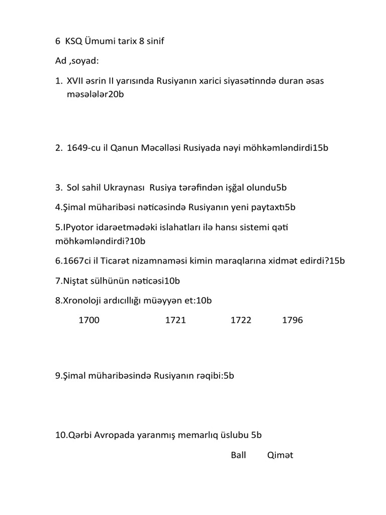 6 KSQ Ümumi Tarix 8 Sinif | PDF