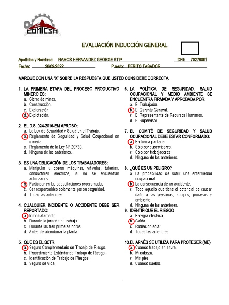 Examen Inducción General Hombre | PDF | Seguridad y salud ocupacional