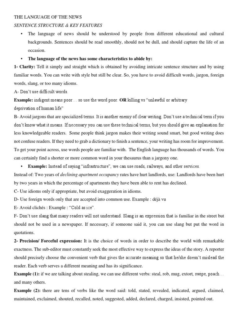 The Language of The News | PDF | Sentence (Linguistics) | Jargon