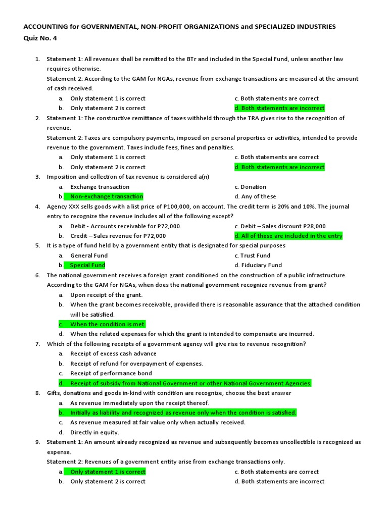 Quiz No. 4 Answer Key | PDF | Revenue | Receipt
