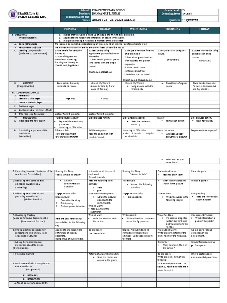 DLL - English 4 - Q1 - W1 | PDF | Human Communication | Learning
