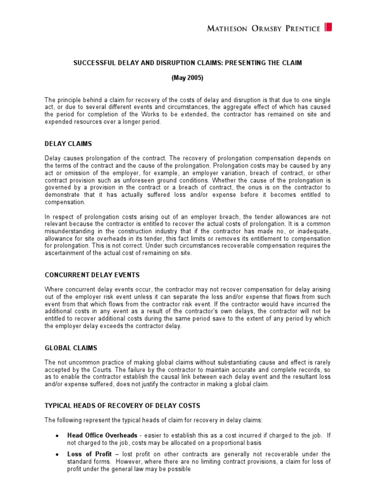 Successful Delay and Disruption Claims: Presenting The Claim (May 2005 ...