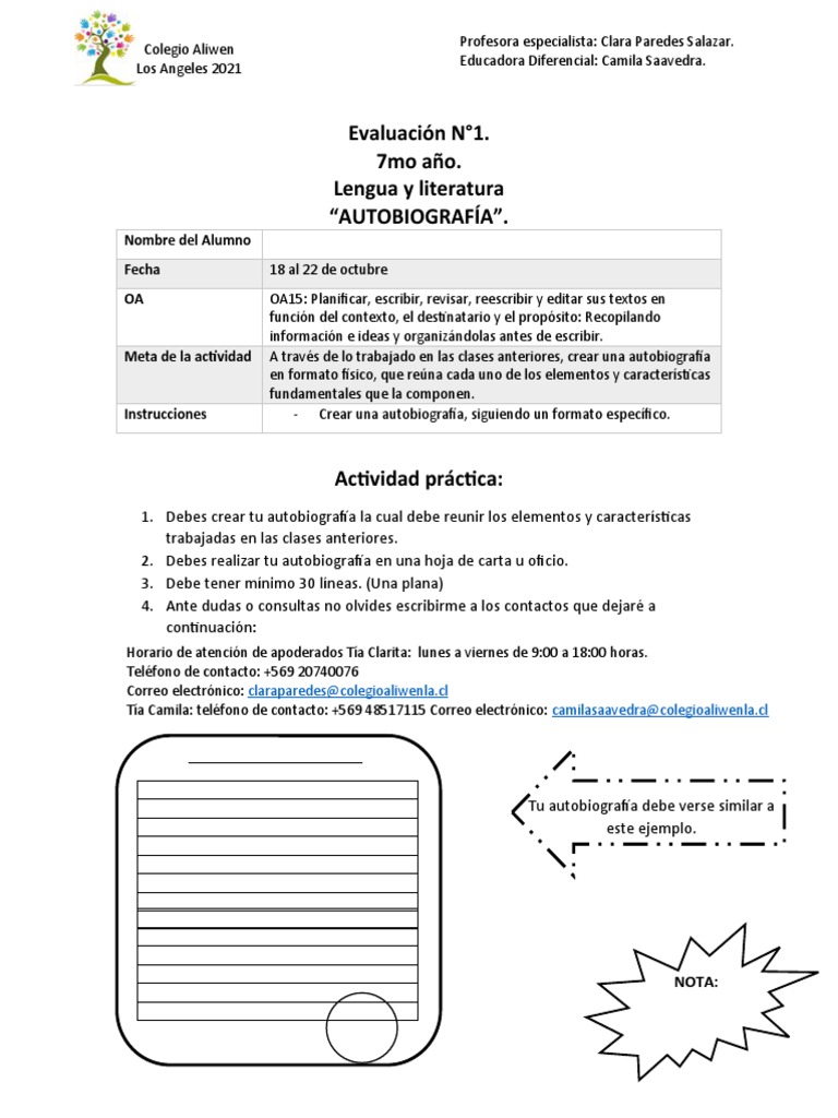 Evaluación Práctica 7mo AUTOBIOGRAFÍA | PDF | Autobiografías