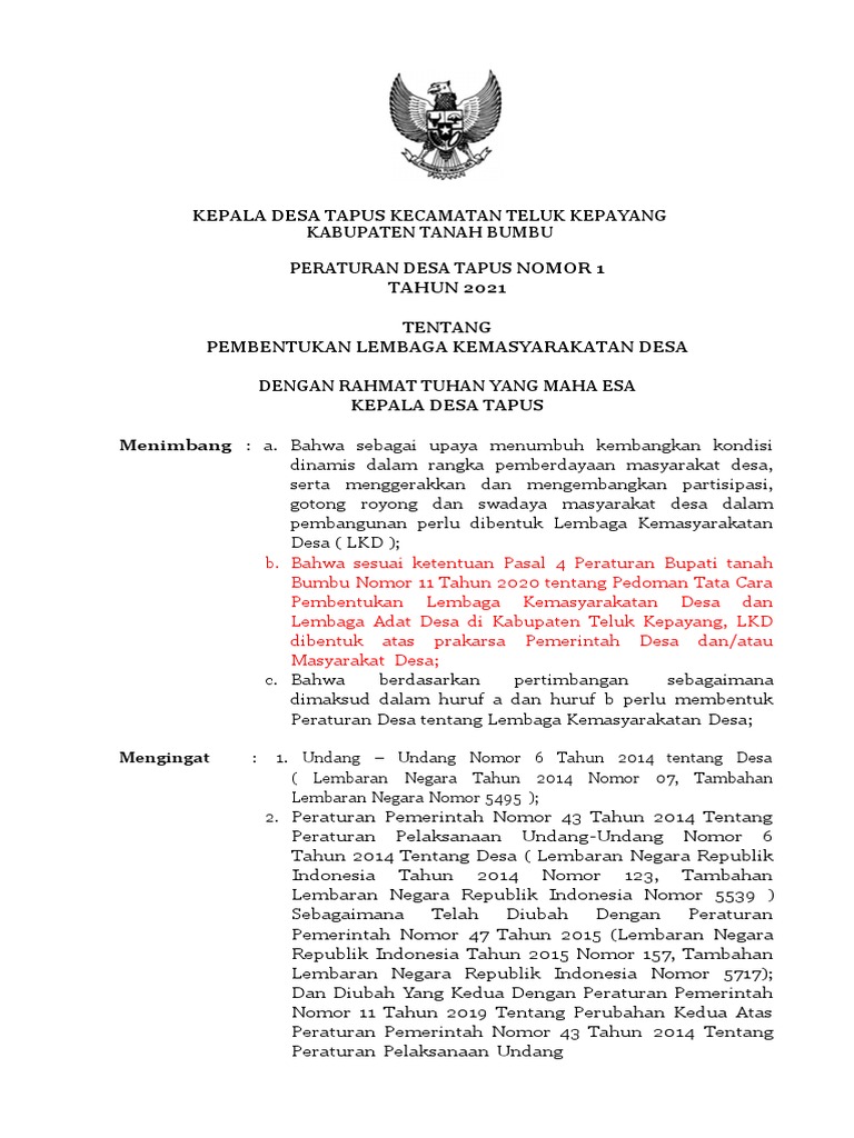 CONTOH Perdes Nomor 1 Tahun 2021 Tentang LKD | PDF