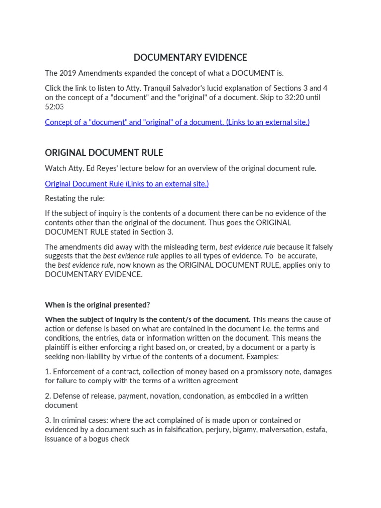 DOCUMENTARY EVIDENCE Notes | PDF | Evidence | Perjury