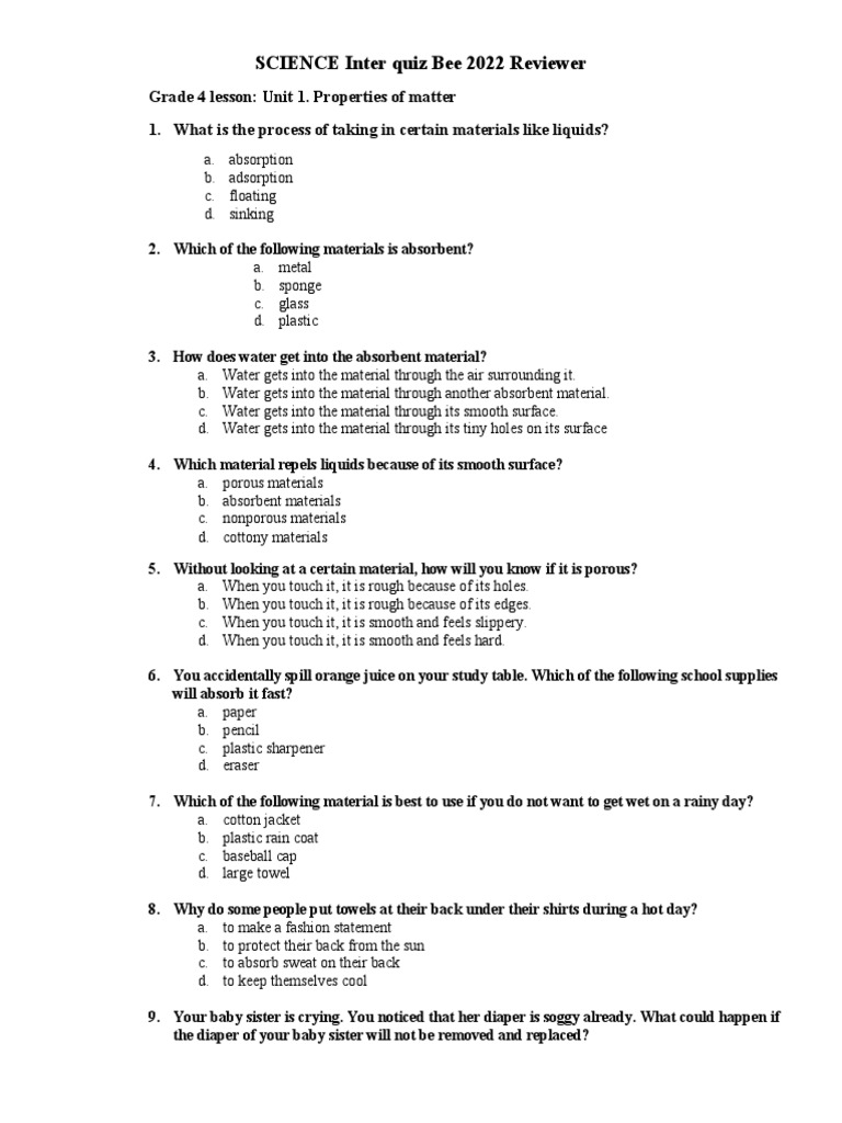 SCIENCE Inter Quiz Bee 2022 Reviewer001 | PDF | Decomposition | Density