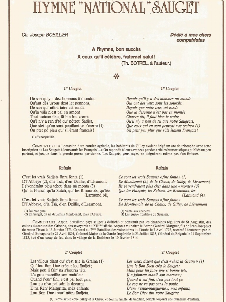 Hymne National Sauget Écrit Par Le Chanoine Joseph Bobiller en 1910 | PDF