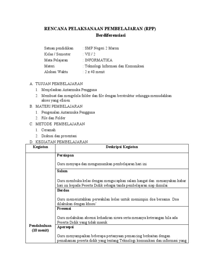 RPP Berdiferensiasi Tik Kelas 7 Ganjil | PDF