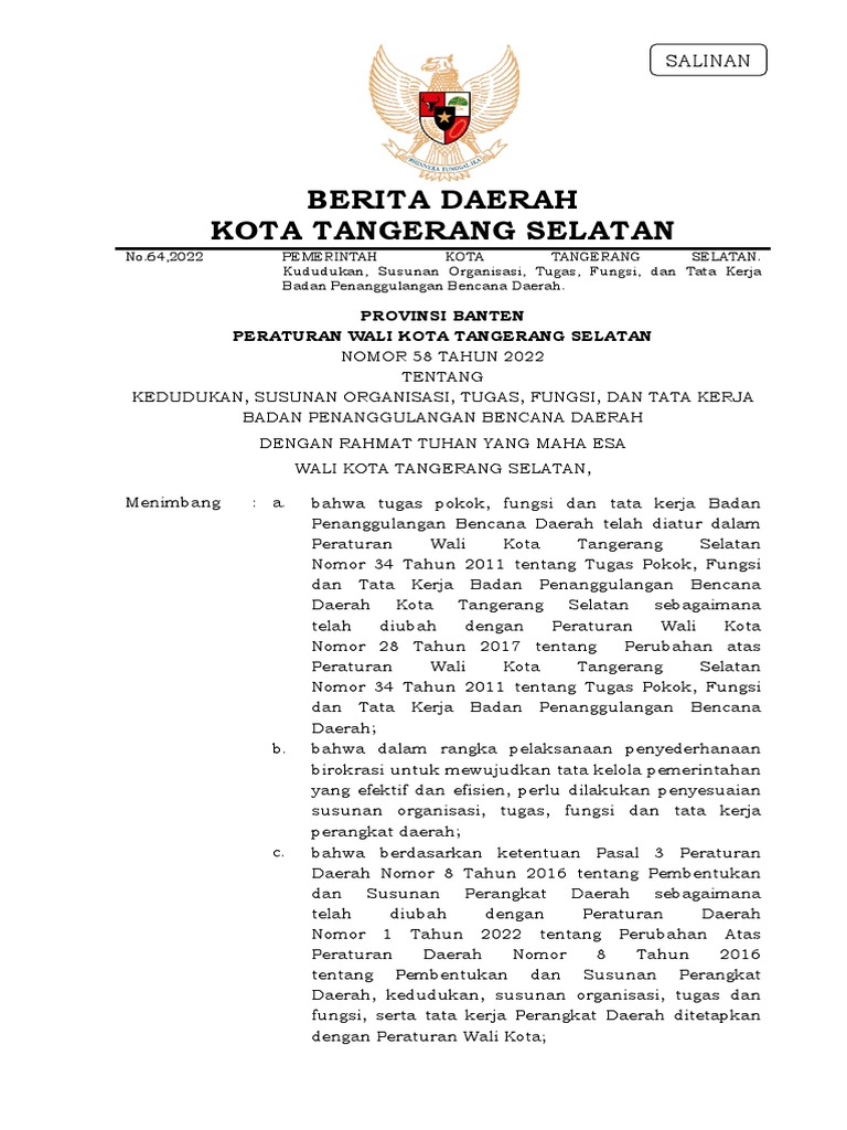 Perda SOTK BPBD - Tangsel | PDF
