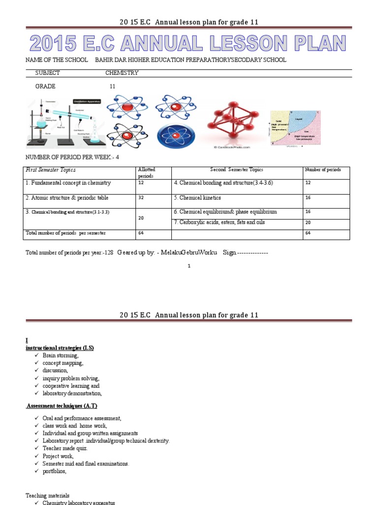 Chemistry Grade 11 Annual Lesson Plan | PDF | Chemical Bond | Covalent Bond