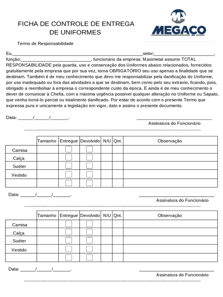 FICHA DE CONTROLE DE ENTREGA DE UNIFORMES Setores Social Max | PDF