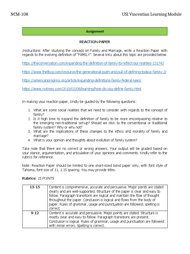 Reaction Paper Family and Marriage | PDF | Grammar | Rubric (Academic)