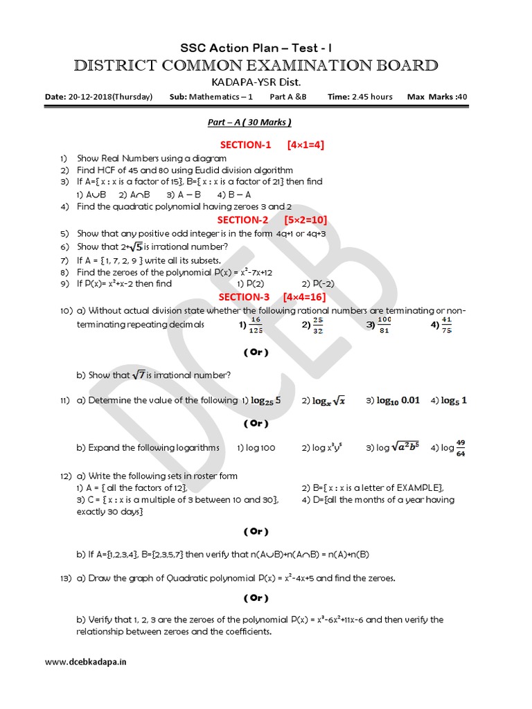 District Common Examination Board: SSC Action Plan - Test - I | PDF ...