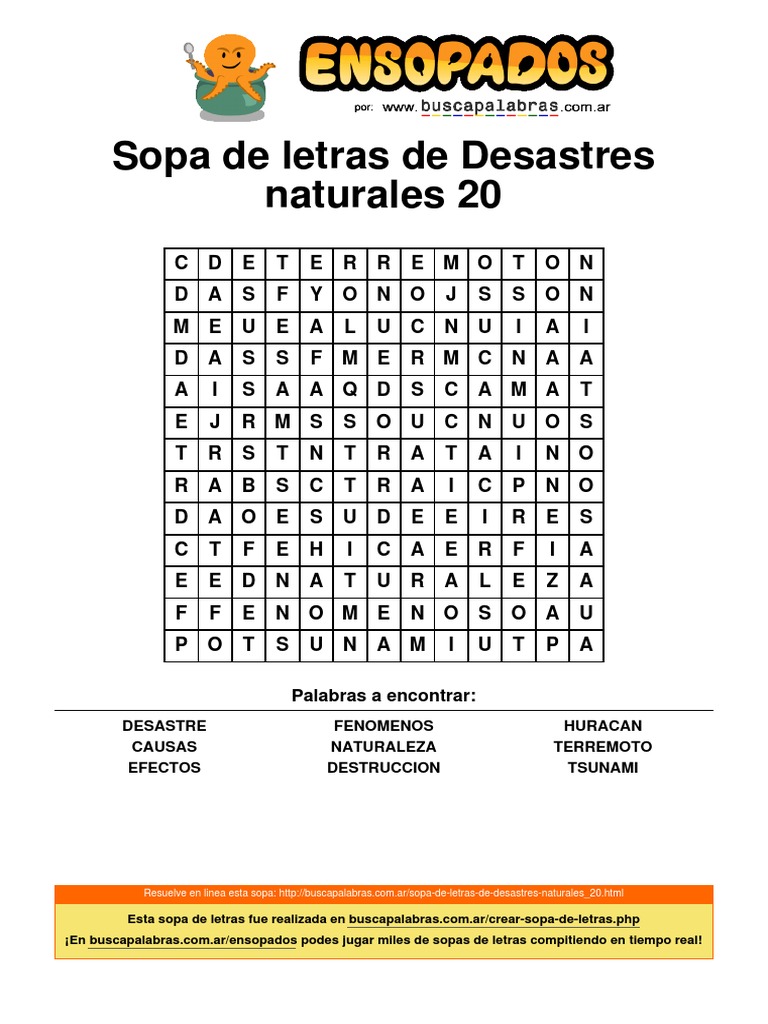 Sopa de Letras de Desastres Naturales - 20 | PDF