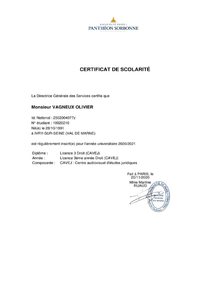 Certificat de Scolarite | PDF