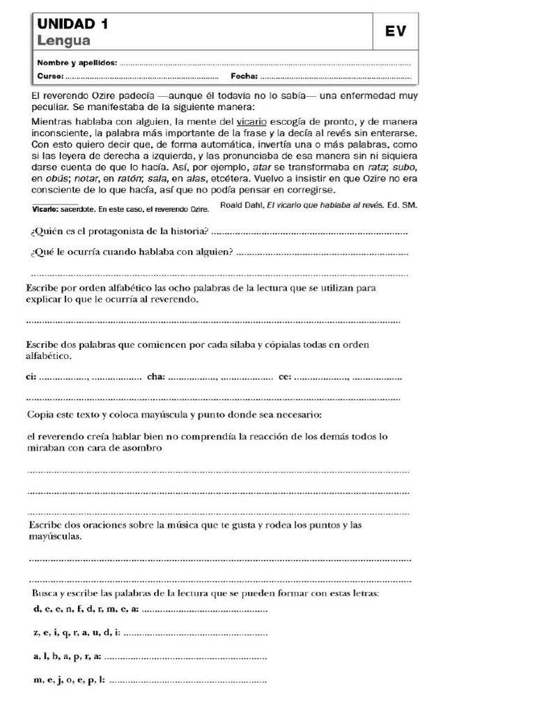 Examen Tema 1 Anaya pieza a pieza para 3 primaria lengua | PDF