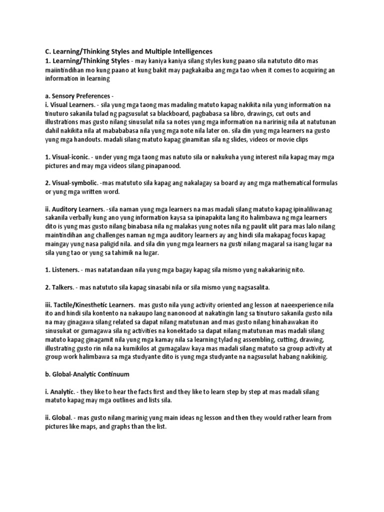 C. Learning/Thinking Styles and Multiple Intelligences 1. Learning ...