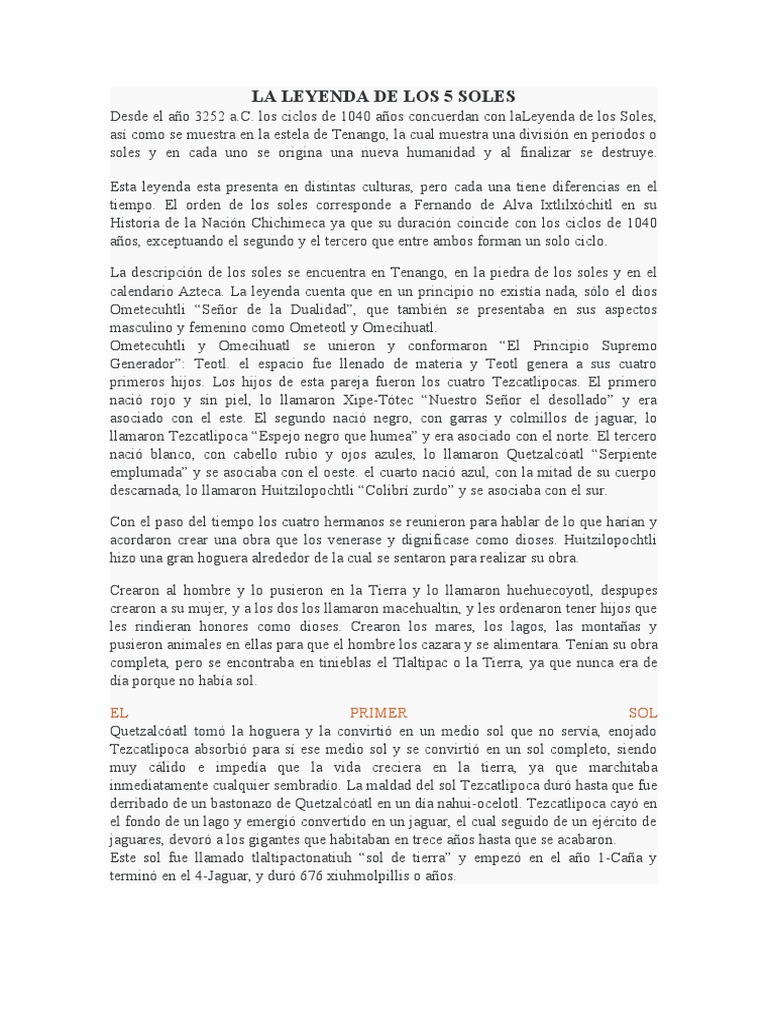 La Leyenda de Los 5 Soles | PDF | azteca | Politeísmo La Leyenda de Los 5 Soles | PDF | azteca | Politeísmo