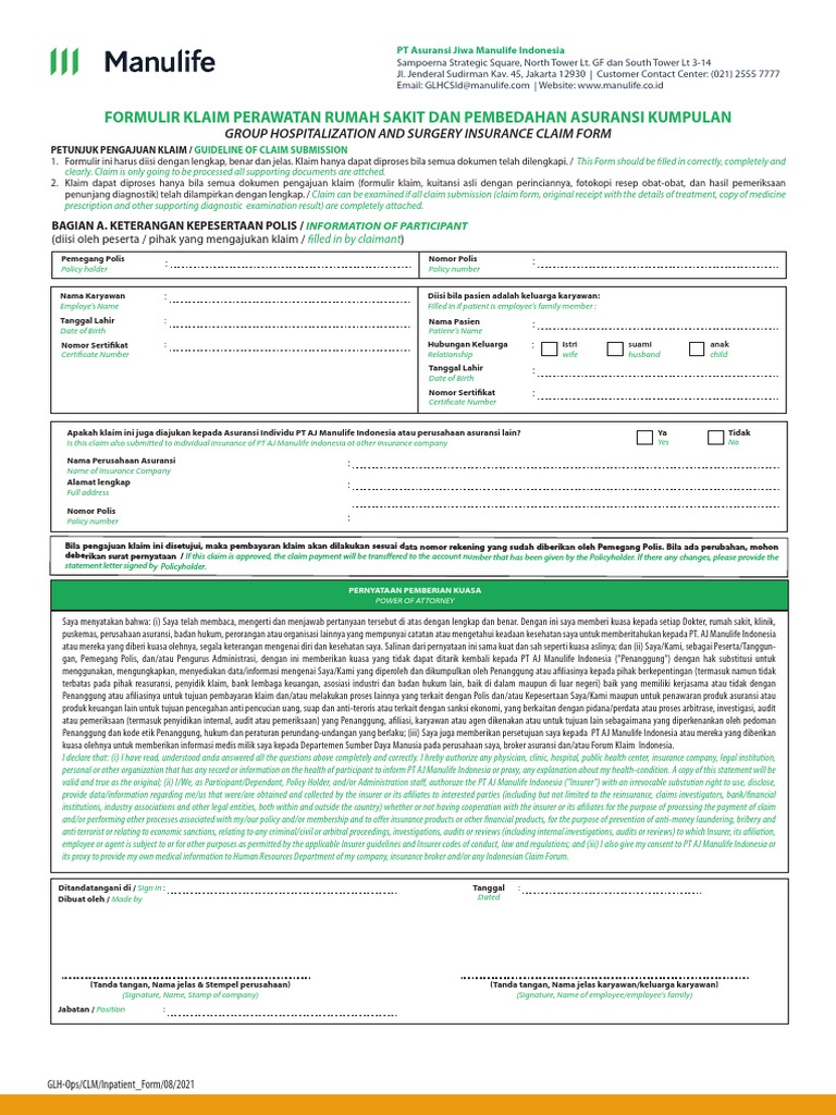Formulir Klaim Asuransi RS Manulife | PDF