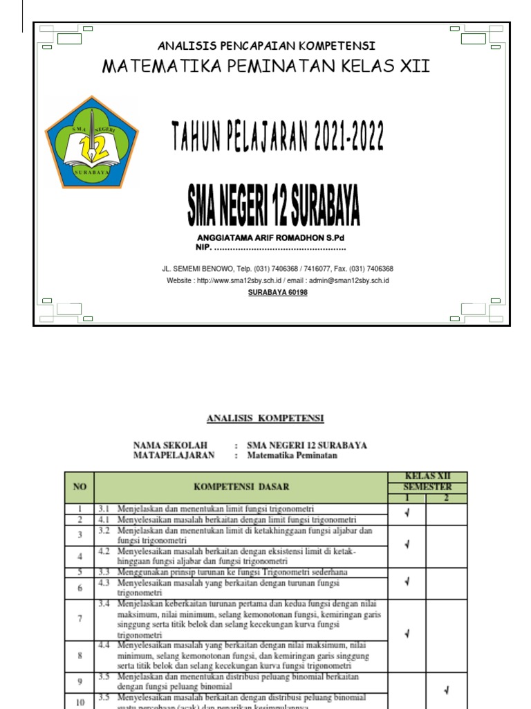 Analisis Kompetensi Matematika Peminatan Kelas Xii Sma Negeri 12