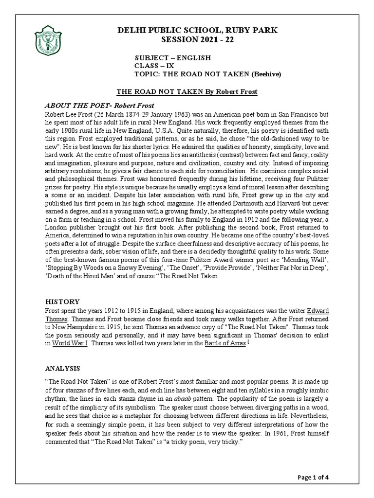 Analysis of "The Road Not Taken" | PDF | Poetry