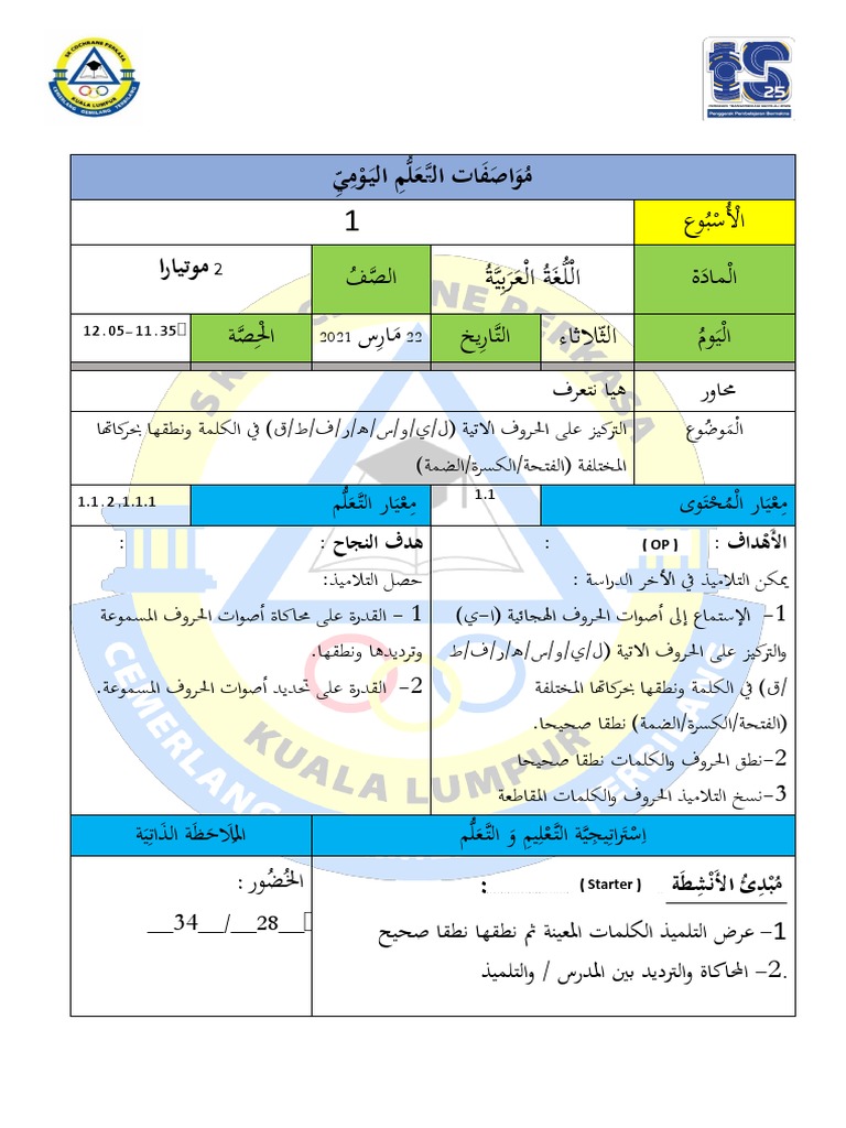 RPH Bahasa Arab M1 Tahun 2M 22-3-2022 | PDF