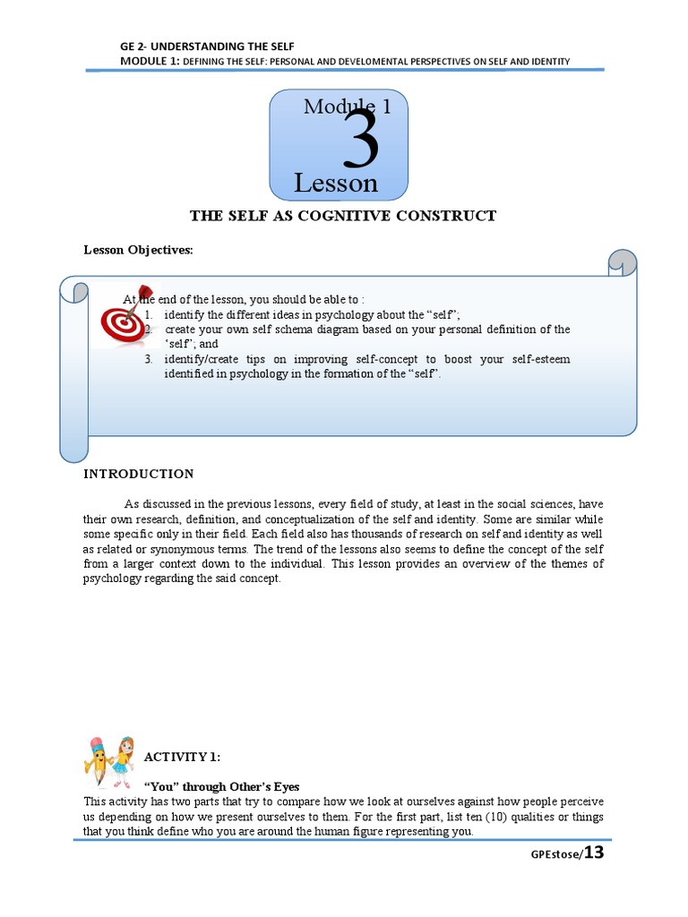 UTS Module 1 Lesson 3 THE SELF AS COGNITIVE CONSTRUCT | PDF | Self Concept | Id