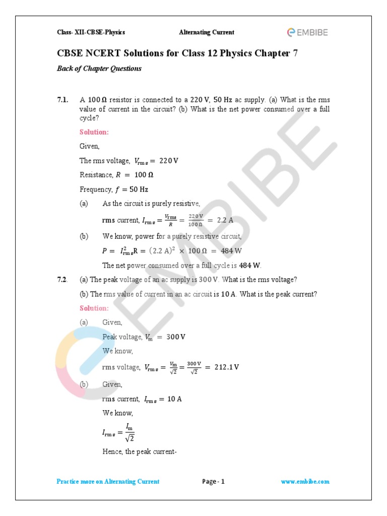 NCERT Grade-12 Physics CH 07 Alternating-Current | PDF | Inductor ...
