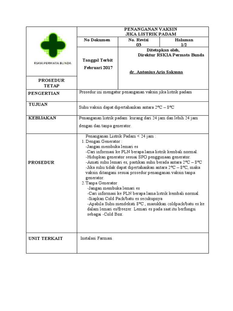 Sop Penanganan Vaksin Listrik Padam | PDF