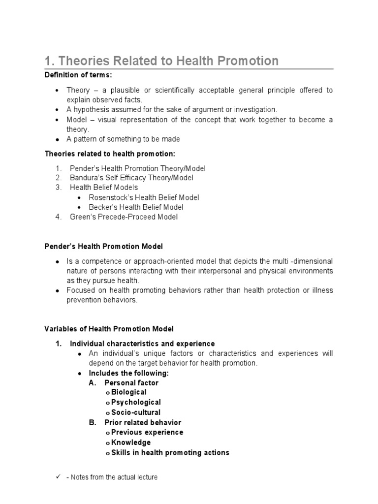 Pender's Health Promotion Model Overview | PDF | Self Efficacy | Psychology