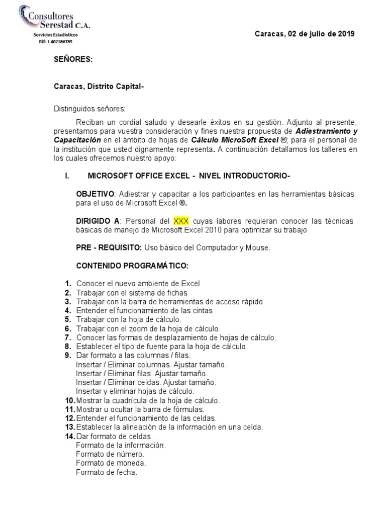 2° Propuesta Curso Excel Nivel Basico | PDF | Microsoft Excel | Hoja de cálculo