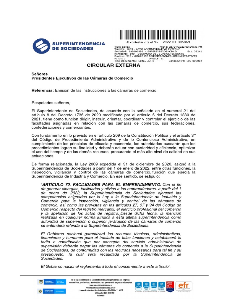 Circular Externa Supersociedades 100-000002 de 25 de Abril de 2022 | PDF | Cámara de Comercio ...