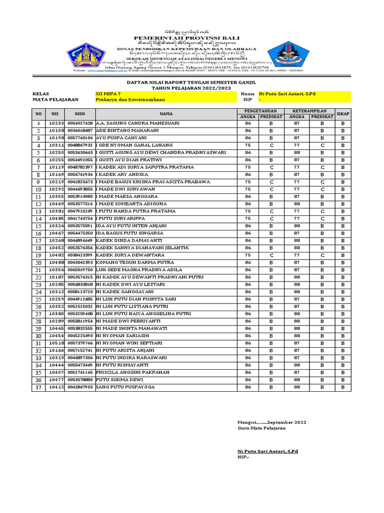 Daftar Nilai PTS Kelas Xi Dan Xii 2022-2023 Mipa 7 | PDF