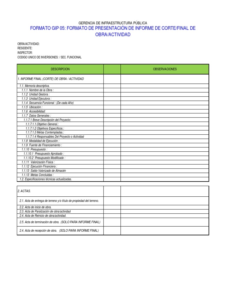 Formato de Presentacion de Informe Final o de Corte de Obra Gip 2020 | PDF