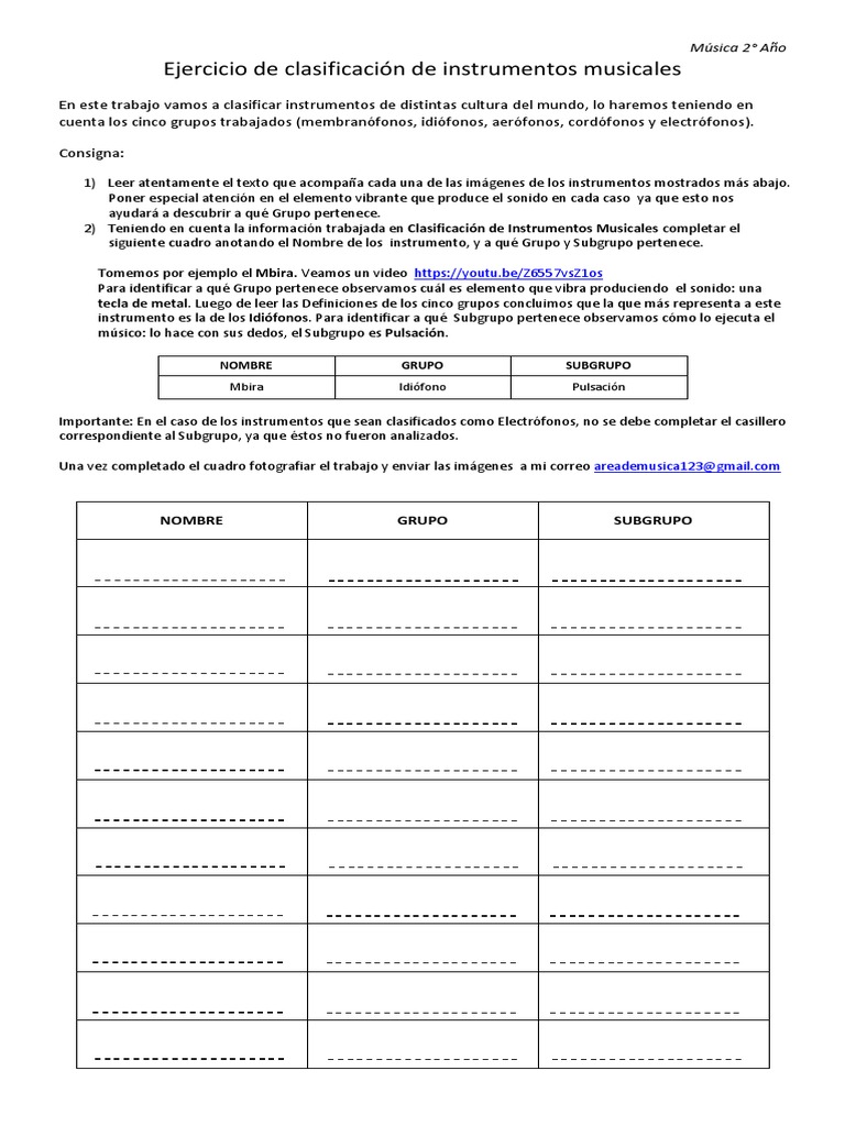 Ejercicio de Clasificación de Instrumentos Musicales (Tamaño Oficio ...