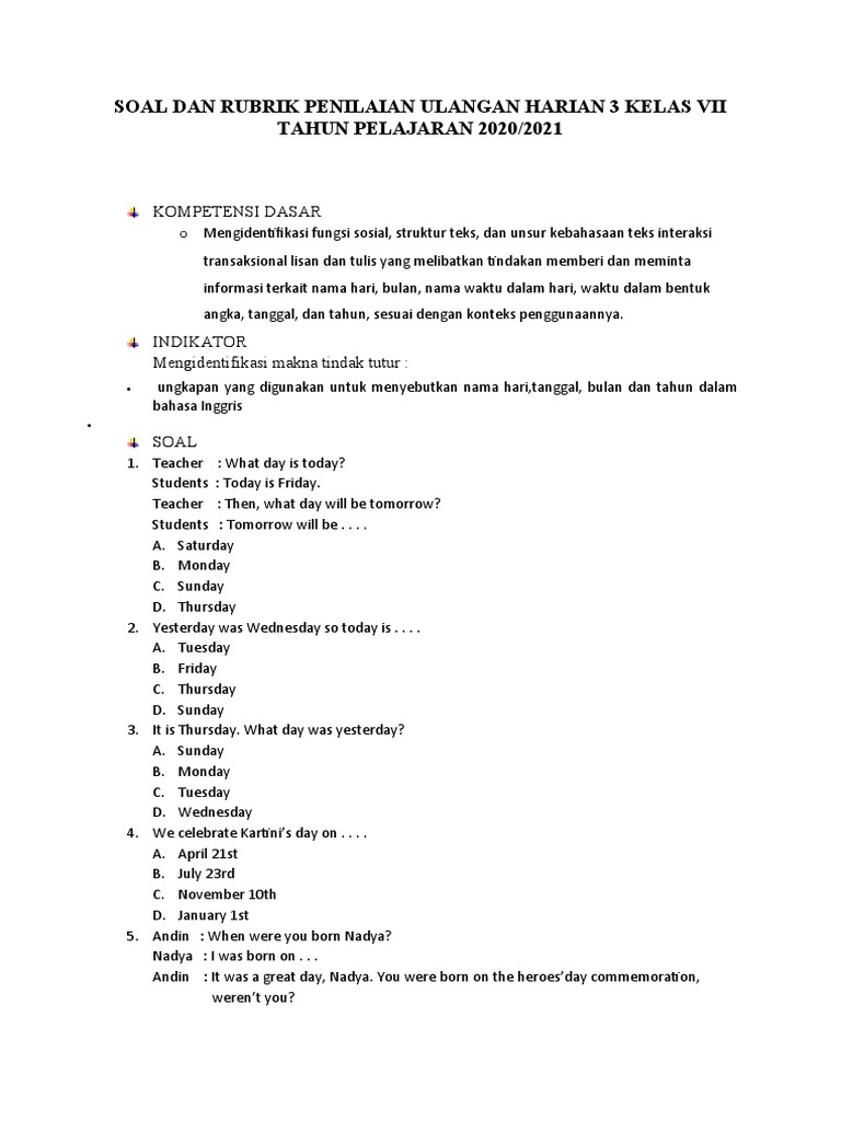 Soal Dan Rubrik Penilaian Ulangan Harian 3 (Day & Date) | PDF