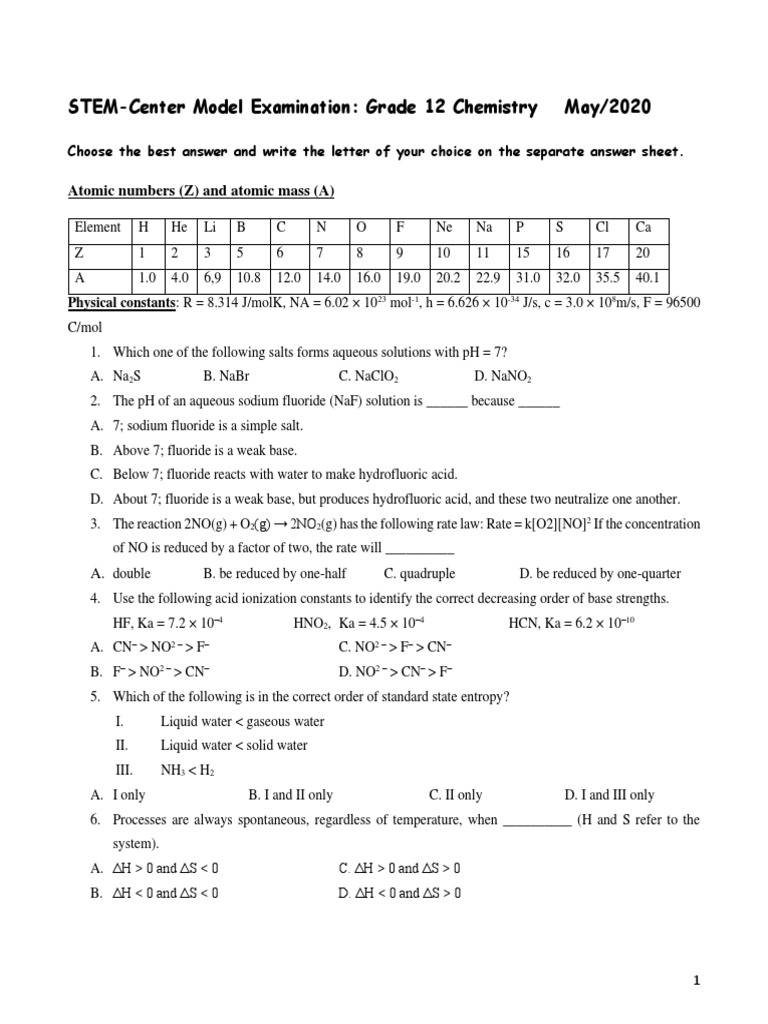 Chemistry Exam: Grade 12 Concepts | PDF | Chemical Equilibrium | Chemical Reactions