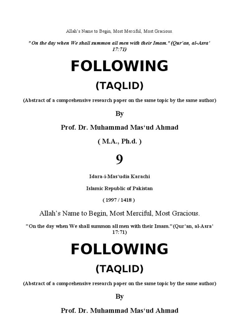 Taqlid is the Need of Every Muslim | PDF | Sahabah | Hadith