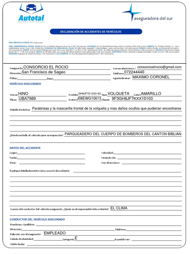 Formato Reporte de Siniestros VH | PDF