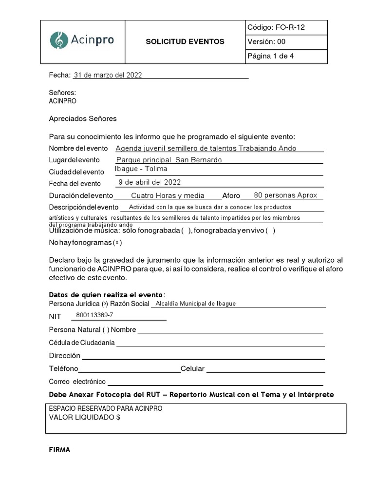 Planilla y Solicitud de Eventos Acinpro | PDF