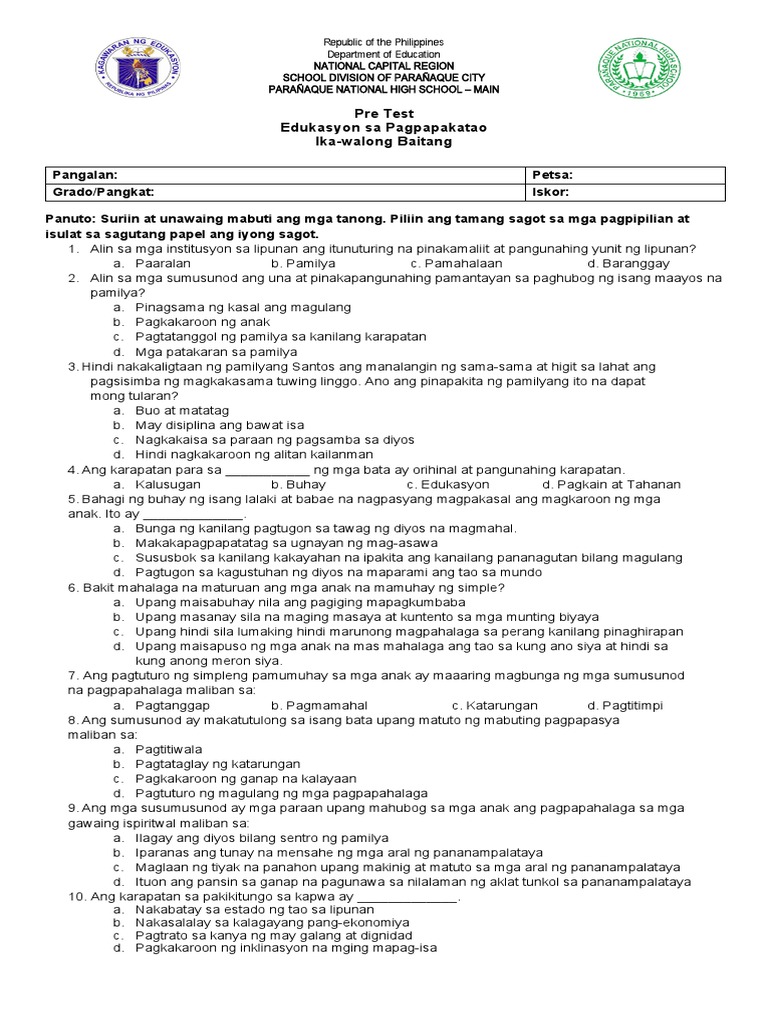 Pre Test Grade 8 | PDF