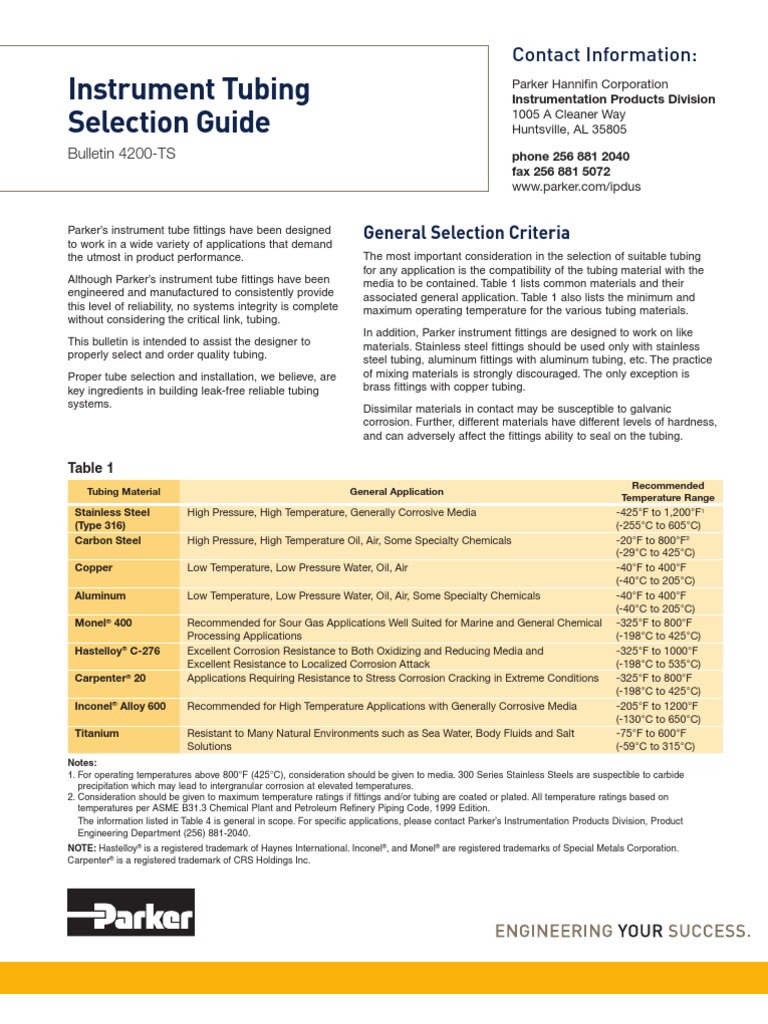 Instrument Tubing Selection Guide: Contact Information | PDF ...