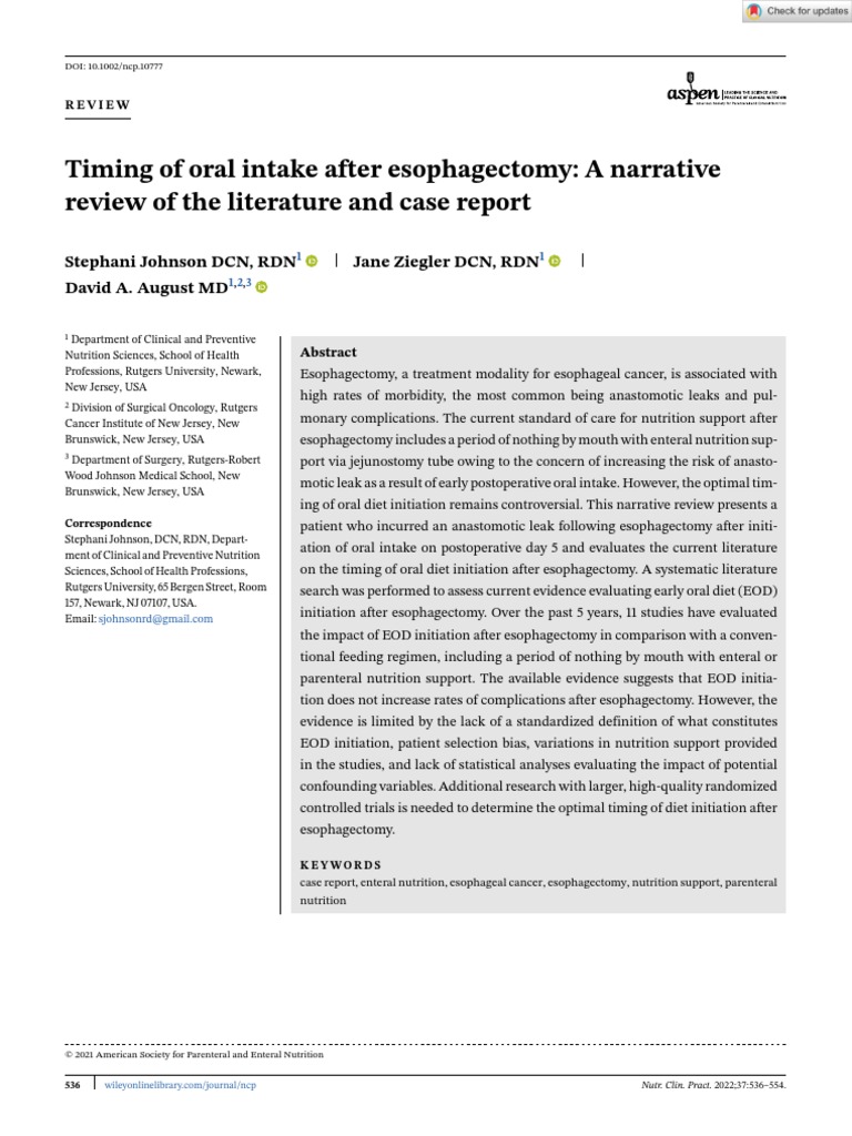 Timing of Oral Intake After Esophagectomy A Narrative Review of | PDF ...
