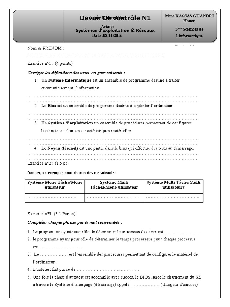 Devoir Controle 1 3si | PDF | Démarrage d'un ordinateur | Architecture ...