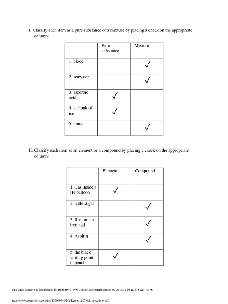 M2 Lesson 2 Check in Activity PDF | PDF | Mixture | Chemical Substances