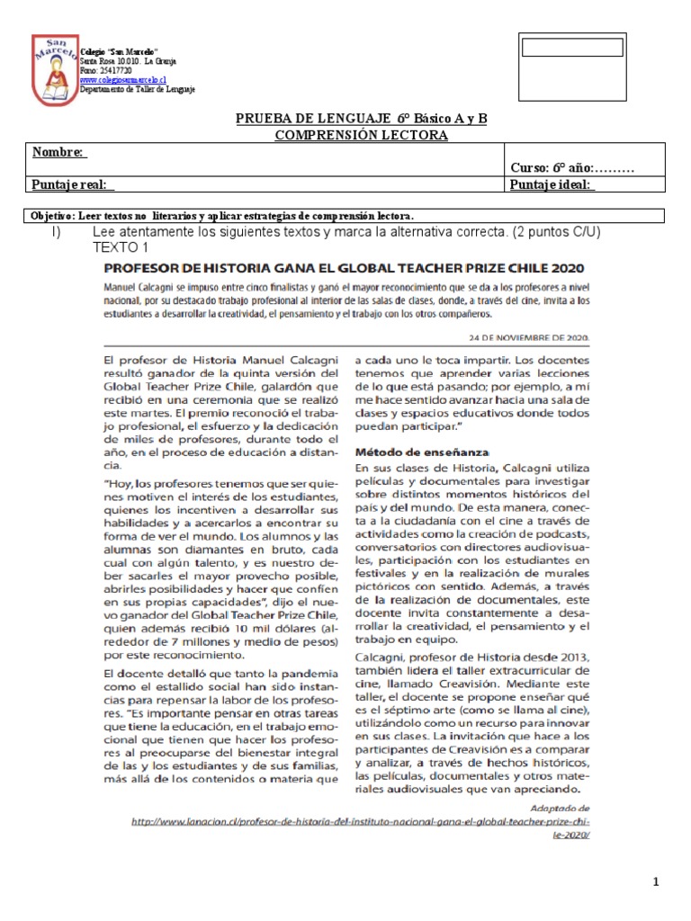 Prueba Comprensión Lectora Sexto 21 de Abril | PDF | Pinturas | Pablo ...