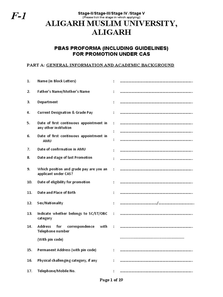 Aligarh Muslim University, Aligarh: Pbas Proforma (Including Guidelines ...
