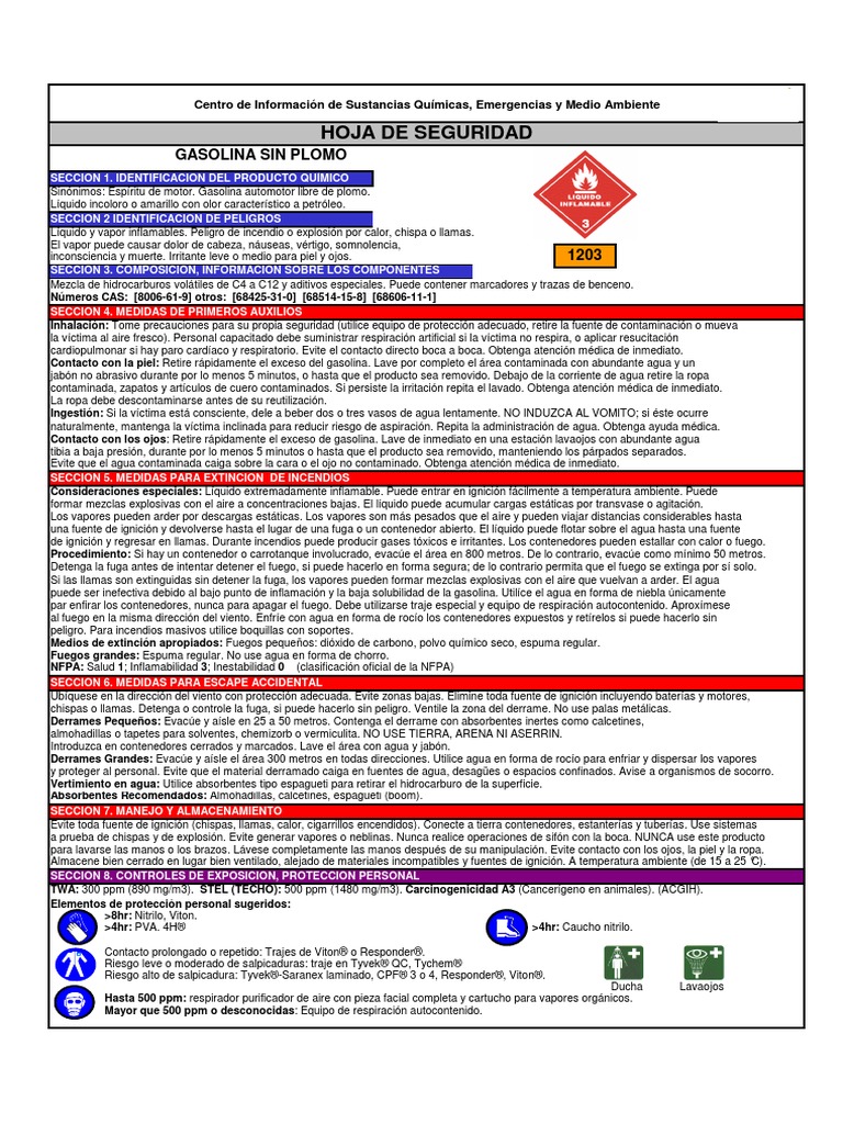 Hoja de Seguridad Combustible GASOLINA | PDF | Agua | Quemar